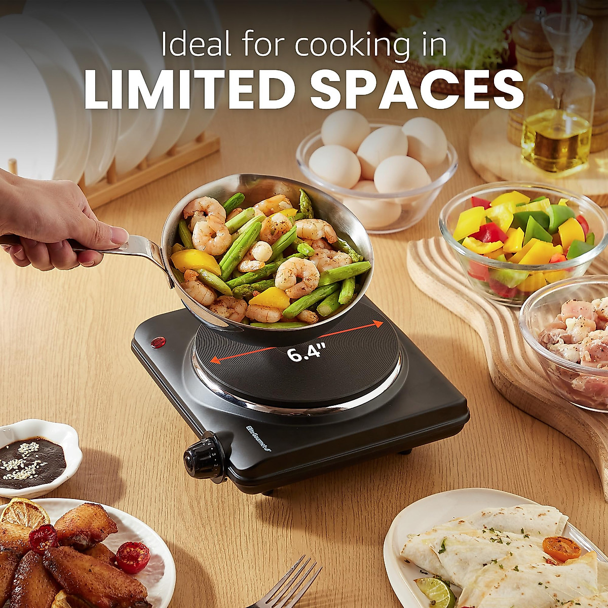 Elite Gourmet ESB-301BF Countertop Single Cast Iron Burner, 1000 Watts Electric Hot Plate, Temperature Controls, Power Indicator Lights, Easy to Clean, Black