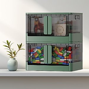 Sineda 2 Pack Storage Bins with Lids - 8.4 Gallon Stackable Storage Bins. Collapsible Storage Bins with Wheels and Door, Ideal for Storage and Organization. (8.4 Gal - 2 Pack, Orange)