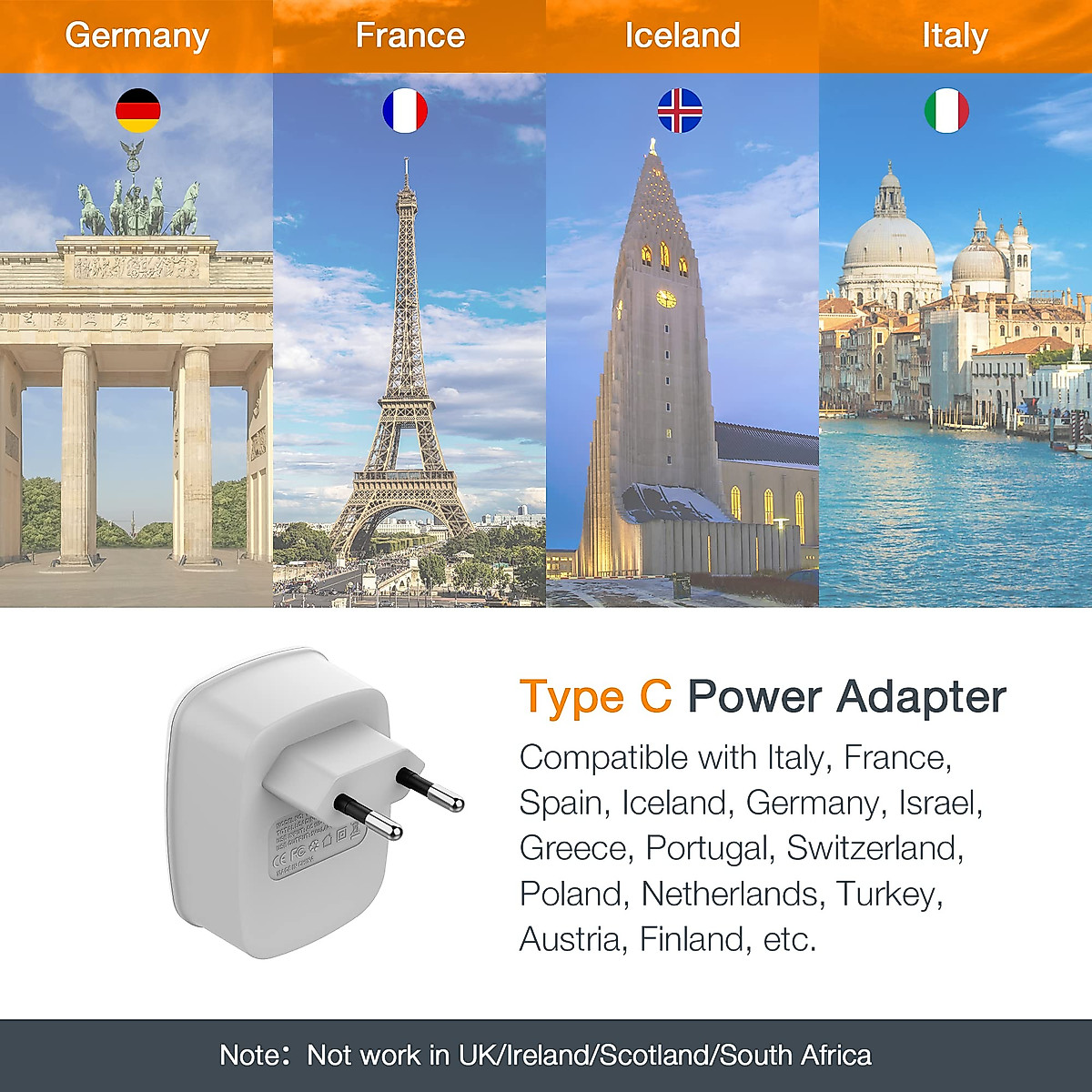 European Travel Plug Adapter 3 Pack, TESSAN International Power Adaptor 2 USB, Type C Outlet Adapter Charger USA to Most of Europe EU Spain Iceland Italy Germany France Israel