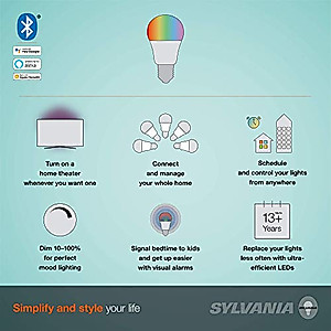 SYLVANIA SMART+ Bluetooth Full Color and Tunable White A19 LED Bulb, Fully Dimmable, Compatible with Alexa, Apple HomeKit and Google Assistant, 1 pack