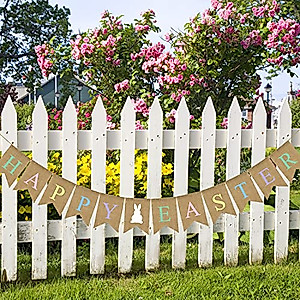 Doumeny Happy Easter Burlap Banner Easter Bunny Rabbit Bunting Garland Colorful Happy Easter Banner Bunting with White Rabbit Spring Easter Party Banner for Mantle Fireplace Wall Door Party Supplies