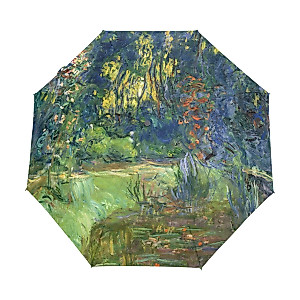 AHOMY Auto Open Close Umbrella, Monet's Water-Lily Pond Giverny Folding Travel Umbrellas for Rain and Sun