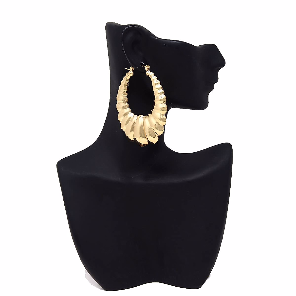 Pnk Trend Gold Plated Scalloped Hoop Earrings for Women-Oval Shaped Shrimp Puffy Hollow Hoop Door Knocker Pin-catch Earrings 50 mm/ 2 inch with Jewelry Box