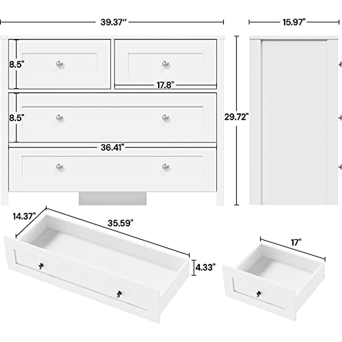 4 Drawer Dresser, White Dresser for Bedroom, Wide Nursery Dresser Storage Organizer Cabinet, Chest of Drawers for Children Room, Entryway and Living Room