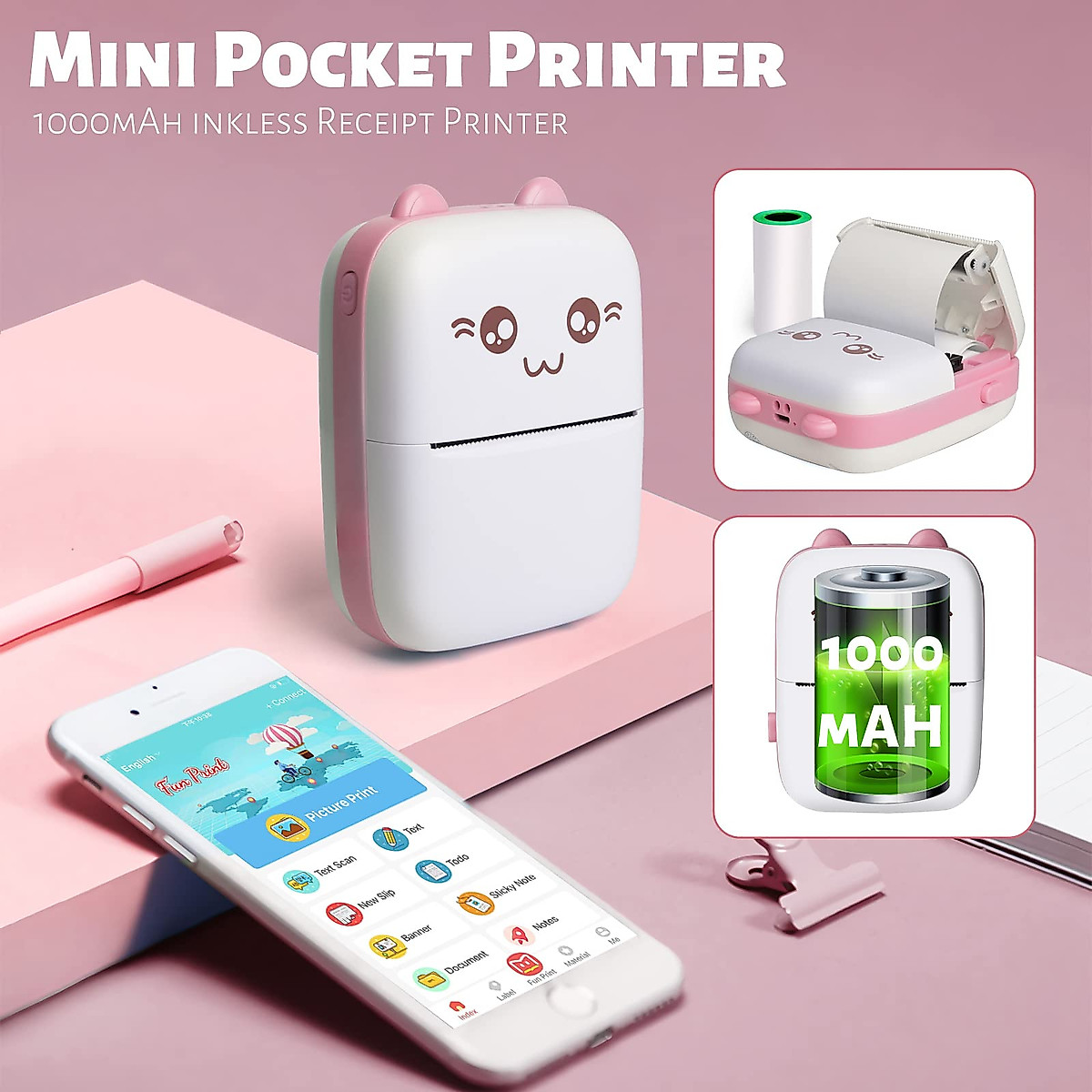 Mini Pocket Printer, Gifts for kids, Portable Thermal Printer for Pictures/Retro-Style Photos/Receipts/Notes/Lists/Label/ Memo/QR Codes, Bluetooth Wireless Smart Printer with Android or iOS APP (PINK)