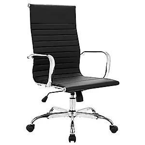 LANDSUN Modern High Back Office Chair PU Leather Ribbed Swivel Tilt Adjustable Home Desk Chair with Armrest Executive Conference Black