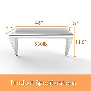 ERUPTA 2Pc - 12 x 48 inches 300 lb,Stainless Steel Wall Mount Floating Shelving,Commercial Stainless Steel NSF Shelf for Restaurant Kitchen, Home Kitchen,Hotle,Food Truk,Garage...