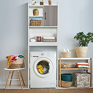 LOKO Over The Toilet Storage Cabinet, Wooden Bathroom Space Saver with Door & Open Storage Shelves, Anti-toppling Device, Freestanding Over Toilet Bathroom Organizer for Bathroom, Laundry