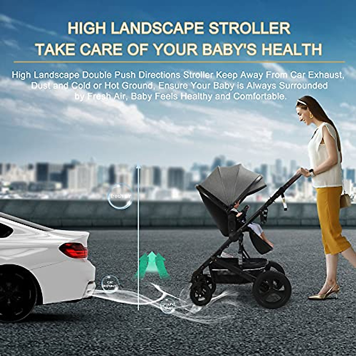 Newborn Infant Toddler Baby Stroller - Strollers with Backrest Adjustable Reversible, 2 in 1 High Landscape Convertible Bassinet Foldable Aluminum Alloy 3D Shock Absorption All Terrain Pram Dark Gray