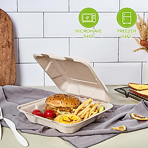 ECOLipak 50 Pack Clamshell To Go Containers, 100% Compostable Disposable Take Out Food Containers, 8X8 inch Heavy-Duty To Go Boxes, Eco-Friendly Biodegradable To Go Containers For Food