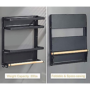Thipoten Magnetic Spice Rack, 2-in-1 Foldable Strong Magnetic Shelf with Paper Towel Holder, Perfect Space Saver for Small Kitchen/Apartment, Easy to Install on The Side of Refrigerator(2 Tier, Black)