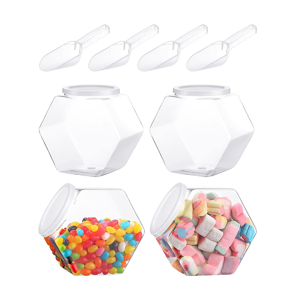 Glazeal 4pcs Large Candy Jar with Spoons, 72 OZ Hexagon Candy Jar Plastic Clear Cookie Jar with Lid for Candy Buffet, Kitchen Storage Containers Set