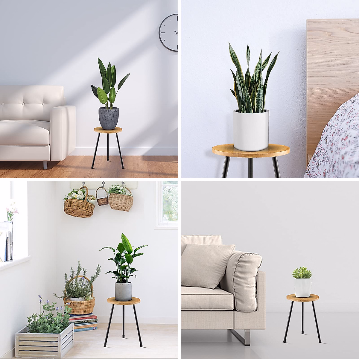 KINNARY Indoor Plant Stand, Mid Century Wood Plant Stand Plant Table for Flower Pots, Tall Metal Plant Holder, Modern Home Decor Small Round Side End Table (11.8"x16")