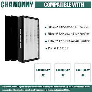 CHAMONNY A2 True HEPA Replacement Filter Size A2, Compatible with Filtrete FAP-C02-A2, FAP-C03-A2, FAP-T03-A2, FAP-SC02L Air Purifier, Part # 1150101, 2 H13 True HEPA Filters + 4 Pre-filters
