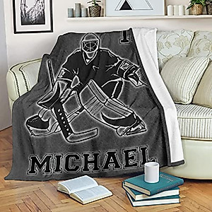 OhaPrints Custom Dark Grey Hockey Blanket Hockey Boy Player Personalized Name Number Soft Sherpa Throw Blankets Cozy Fuzzy Fleece Throws for Tv Sofa Couch Comfy Fluffy Blanket 30X40 50X60 60X80