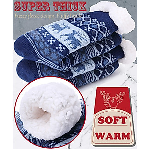 EBMORE Mens Slipper Fuzzy Socks Fluffy Winter Cabin Cozy Warm Soft Fleece Thick Comfy Christmas Gift Stocking Stuffers with Grips(Blue Deer)