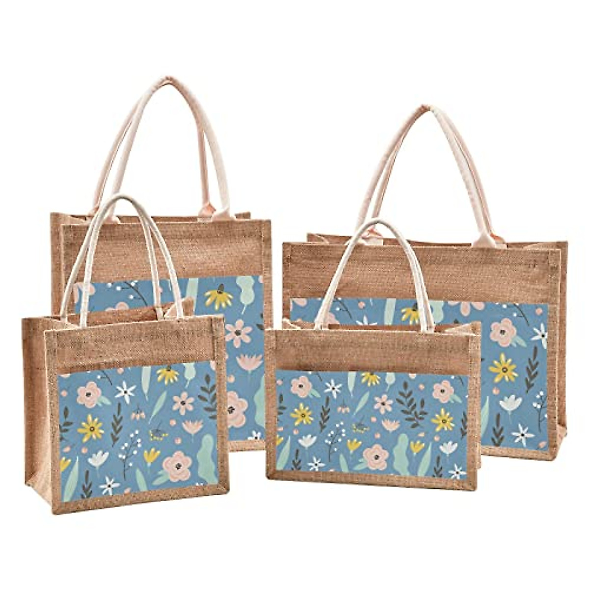 JUNZAN Flowers Leaves and Berries Jute Tote Bags Burlap Reusable Straw Bag for Beach Shopping Grocery Bags Wedding Gift