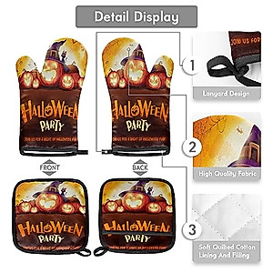Halloween Party Pumpkin with Witch Hat Oven Mitts and Pot Holders Sets of 2 Heat Resistant Non-Slip Kitchen Gloves Hot Pads with Inner Cotton Layer for Cooking BBQ Baking Grilling