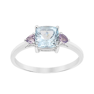 MOONEYE 7MM Cushion Cut Aquamarine Trillion Tanzanite Gemstone 925 Sterling Silver Three Stone Ring (Silver, 10)