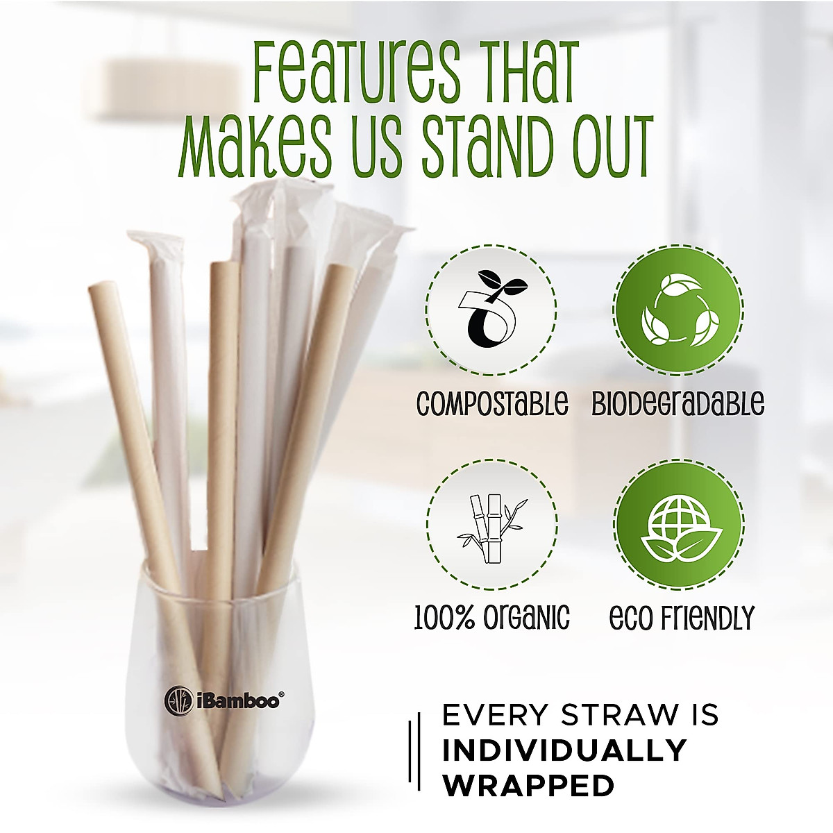 [200 PACK] Biodegradable Bamboo Straws, Individually Wrapped, Compostable Disposable, Eco-Friendly, Durable for Hot & Cold Drinks