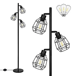 EDISHINE Industrial Floor Lamp for Living Room, Farmhouse 3-Light Tree Standing Lamp with 3 LED Bulbs & Adjustable Rotation Heads, Tall Vintage Pole Light for Bedroom, Reading Room, Office, Hotel