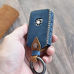 HIBEYO Leather Smart Key Fob Case Compatible with Volvo XC40 XC60 XC90 S90 V90 Car Key Fob Cover Remote Keyless Entry Full Protection Shell 2019 2021 Keychains Auto Accessories Holder Protector-Bule