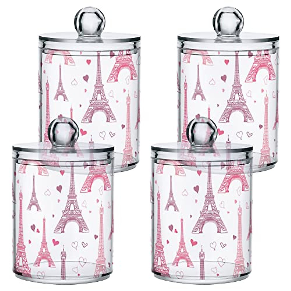 Kigai Romantic Eiffel Tower Clear Plastic Apothecary Jars 2 Pack, 14 oz Qtip Holder Dispenser with Lid for Cotton Ball, Cotton Swab, Floss Picks, Makeup Sponges, Hair Clips
