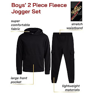 Quad Seven Boys' Fleece Jogger Set - 2 Piece Basic Solid Pullover Hoodie and Cargo Pocket Sweatpants (Size: 8-18), Size 8-10, Black