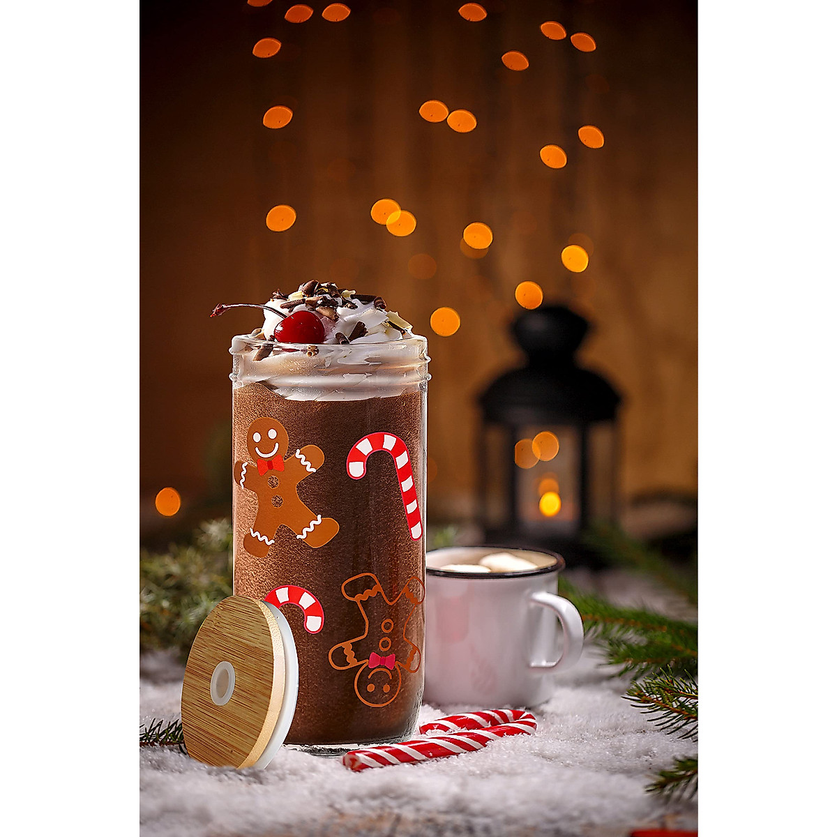 ANOTION Christmas Cups, 24oz Colored Christmas Mugs Useful White Elephant Gifts for Adults Holiday Mason Jars Glass Cups with Lid and Straw Tumbler Drinking Glasses Coffee Cups Gifts for Women Men