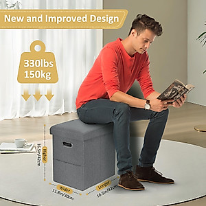 Emosoon Tall Ottoman with Storage Collapsible Fabric Small Slim Folding Ottoman Furniture with Handles Lid Ottoman for Room Footrest Foot Stool Linen Grey 16.5x16.5x11.8in