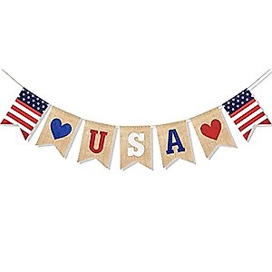 Uniwish USA Banner Burlap Bunting 4th of July Decorations American Independence Day Celebration Red White and Blue Theme Party Supplies