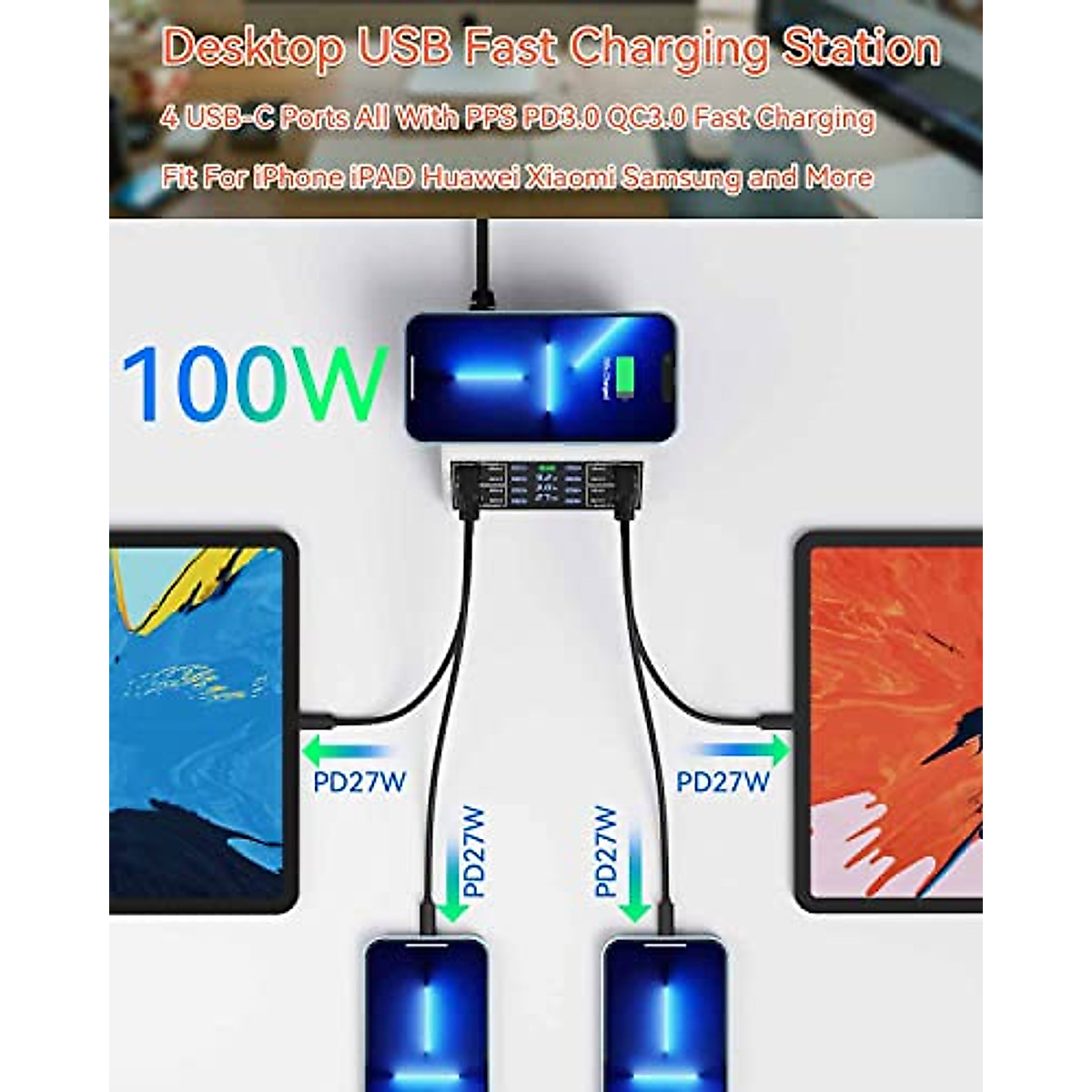 USB Charging Station, 100W 8-Port Charging Station for Multiple Devices with 4 QC3.0+4 USB C PD Ports, Wireless Charger, Multi Fast Charging Hub USB C Charging Station for iPhone,Samsung, iPad