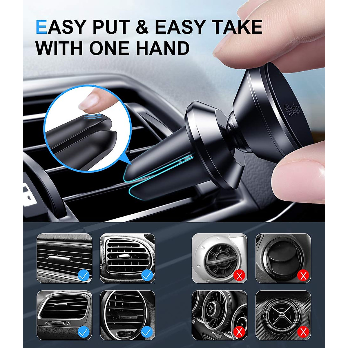 Humixx[8 Built-in Magnets Magnetic Phone Holders for Your Car [Durable ＆ Sturdy] Magnetic Phone Holder Mount for car 360° Rotation Car Vent Clip Fit for iPhone Samsung ＆ All Phones, Black