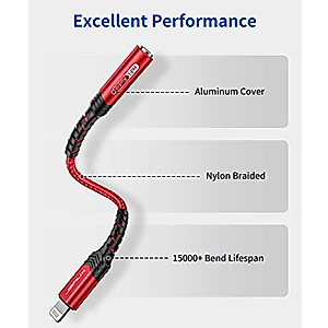 JSAUX Lightning to 3.5mm Adapter (2 Pack), iPhone Headphone Adapter [Apple MFi Certified] iPhone Aux Adapter Compatible with iPhone 14/14 Pro Max/13/13 Pro Max/12/12 Pro Max/11/11 Pro Max/SE/X/XR-Red