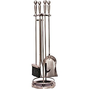 Rocky Mountain Goods Fireplace Tool Set 31” - Shovel, Brush, Poker, Tongs, Stand - Heavy Duty Wrought Iron Tools with Decorative Finish - Ergonomic Ball Handles (Silver/Stainless Steel)
