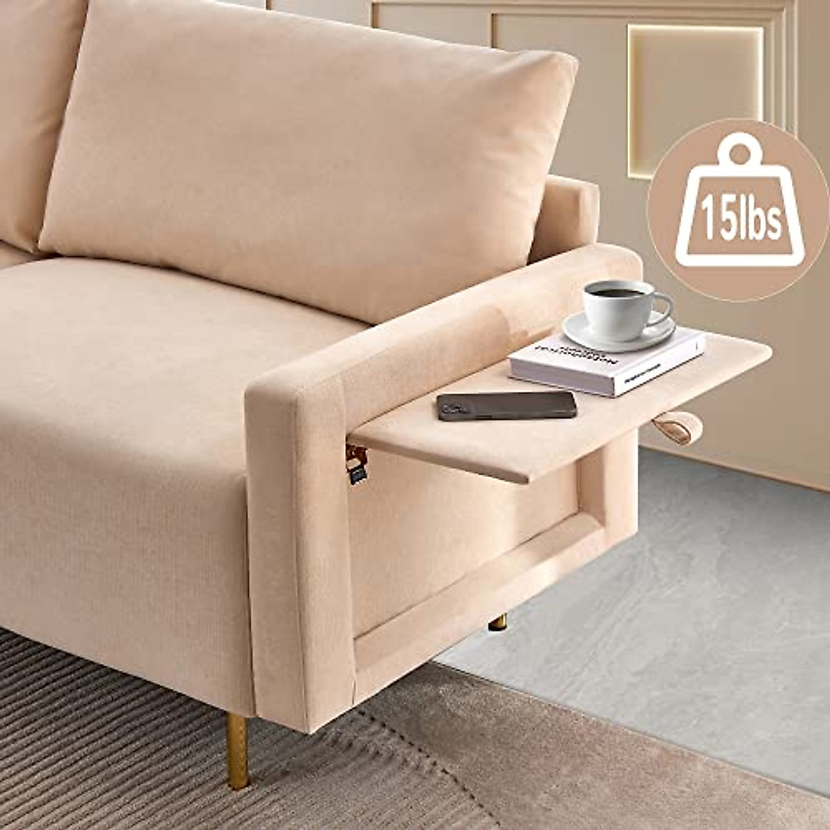 BAMOOLI 72.8'' Loveseat Sofa Couch, Mid Century Modern Linen Fabric Love Seat Sofa, Luxury 2 Seater Couch with Gold Metal Legs & 2 Throw Pillows, Comfy Couch for Living Room, Apartment, Office, Beige