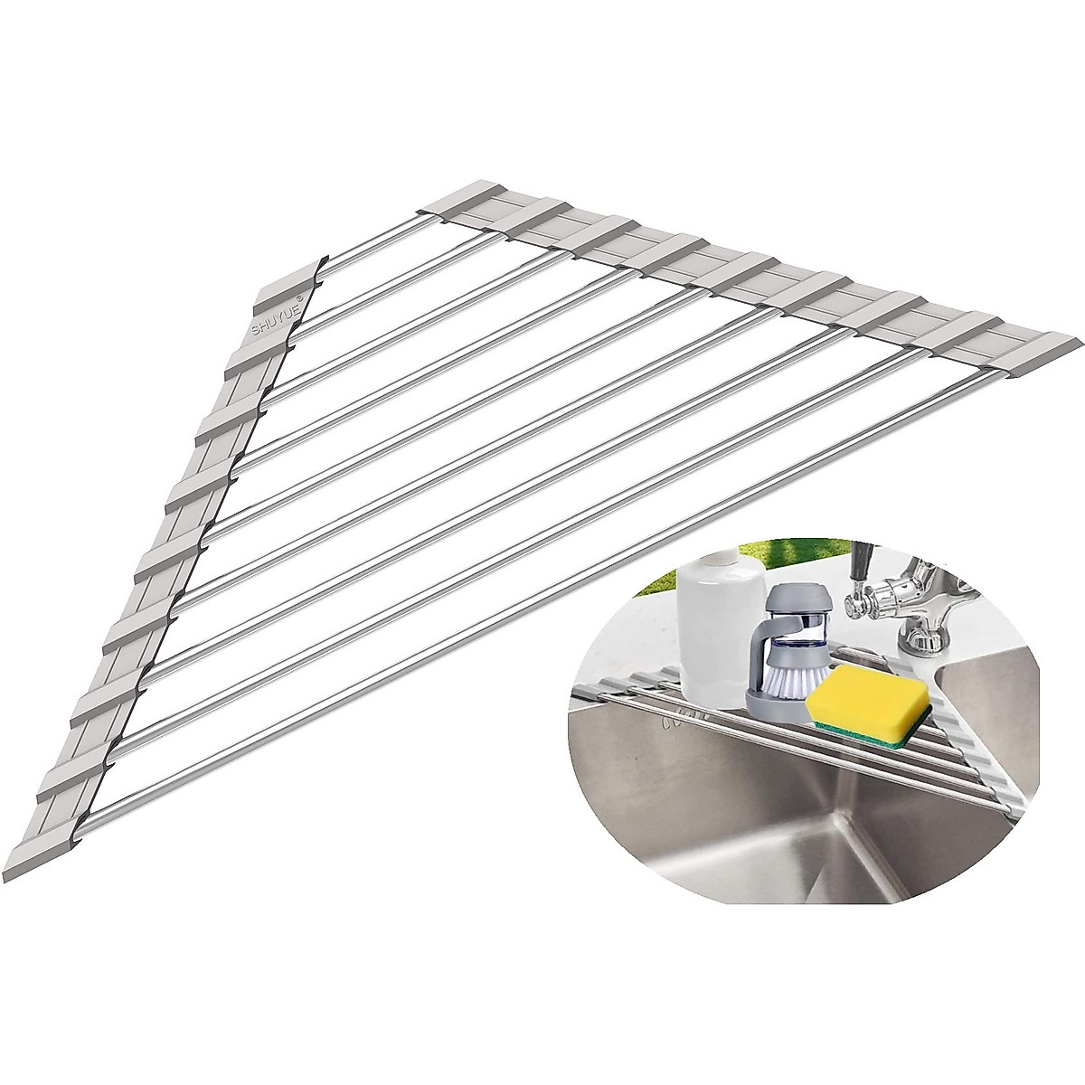 SHUYUE Triangle Dish Drying Rack for Sink Corner Roll Up Dish Drying Rack Folding Stainless Steel Multipurpose Over The Sink Corner Dish Drainer Mat for Kitchen (Grey)