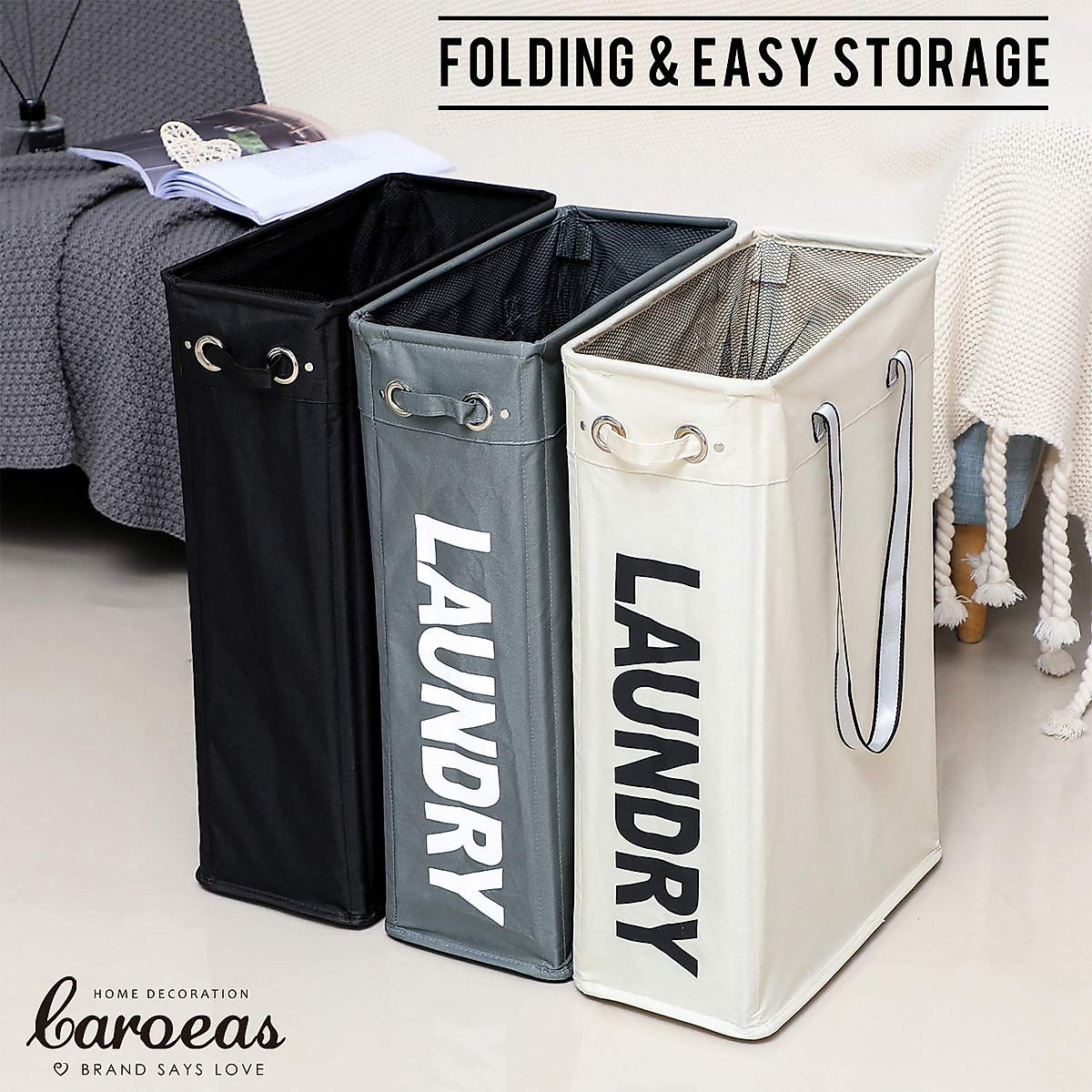 Cloth Clothes Basket, Caroeas 24" Handy Hanging Laundry Basket Tall & Slim Hamper Waterproof Laundry Bag Collapsible Travel Laundry Bag with Breathable Mesh Cover & Soft Handle Laundry Hamper (Black1)