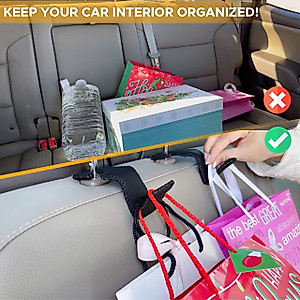 EcoNour Leather Car Seat Hooks (2 Pack Black) | Portable Bag Holder for Car to Keep Your Purse, Groceries & Handbags from Sliding Around | Headrest Hook with Crafted Stitches