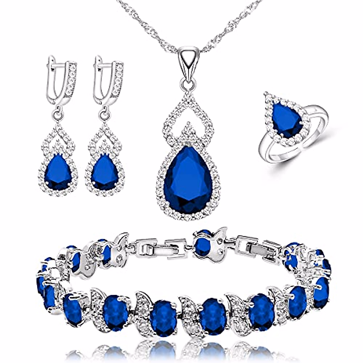 LMXXVJ Women Jewelry Set Platinum Plated Necklace Open Ring Earrings Bracelet Set,Birthday/Anniversary Mother’s Day Jewelry Gifts for Mom/Wife/Sister/Best Friend (blue, Adjustable)