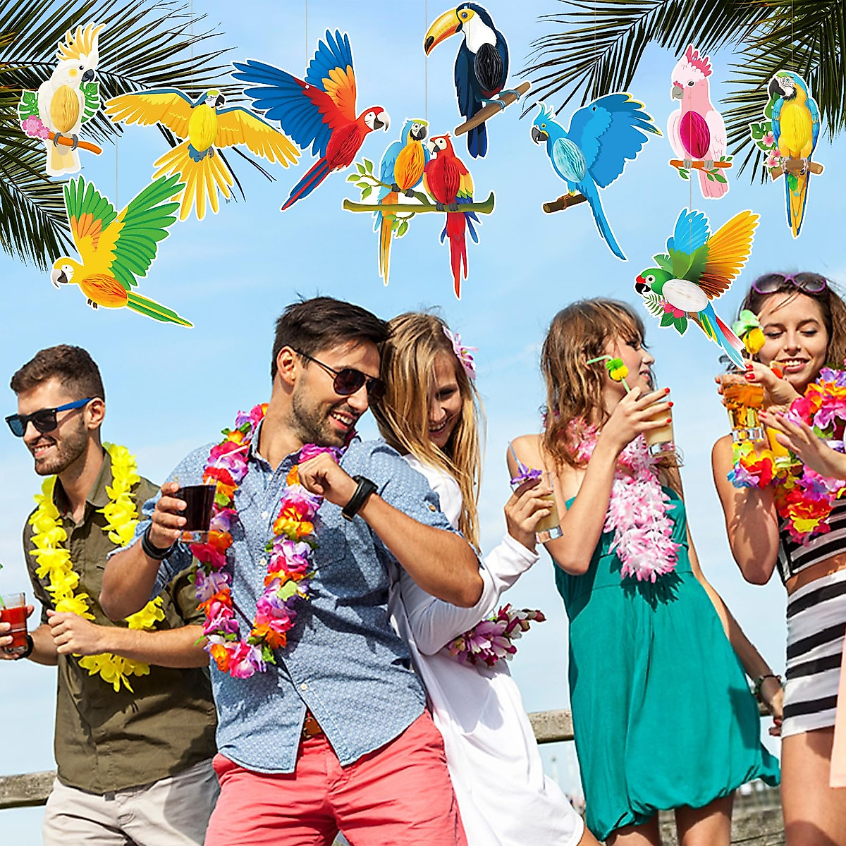 GuassLee Jungle Tropical Party Decorations Birds Honeycombs - Tropical Parrots Paper Cutouts Honeycombs Hanging Decorations for Hawaiian Luau Tiki Party Decor Supplies 10pcs