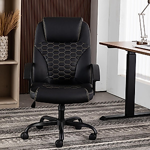 Office Chair Executive Office Desk Chair High Back Adjustable Ergonomic Managerial Rolling Swivel Task Chair Computer PU Leather Home Office Desk Chairs with Lumbar Support (Black,Gold Stitching)