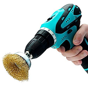 TILAX Wire Brush Wheel Cup Brush Set 7 Piece, Wire Brush for Drill 1/4 Inch Arbor 0.0118 Inch Coarse Brass Coated Crimped Wire Wheel for Used to Clean Rust, Flakes and Abrasives Drill Attachment