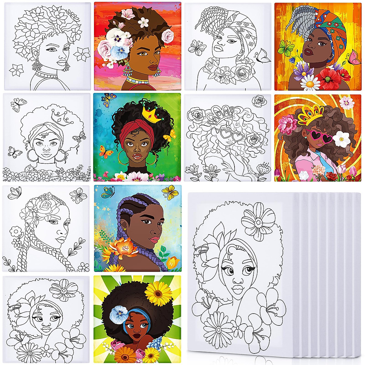 Meanpla 12 Pcs Back to School Pre Drawn Outline Canvas 4'' x 4'' Pre Drawn Stretched Canvas Painting Boards for Painting Art Party Favor for Student Kids First Day of School (African Queen Style)