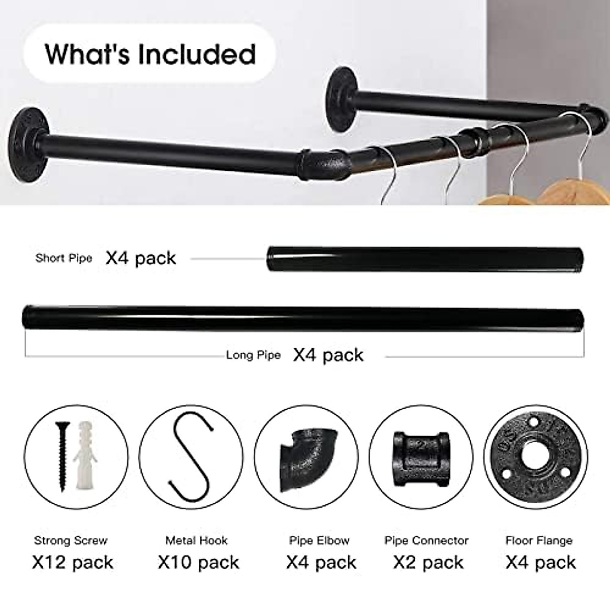 Dawod Industrial Pipe Clothing Rack 36 Inch 2 Pack, Wall Mounted Clothes Rack, Hanging Clothes Rods for Closet and Laundry Room, Multi-Purpose Heavy Duty Garment Bar