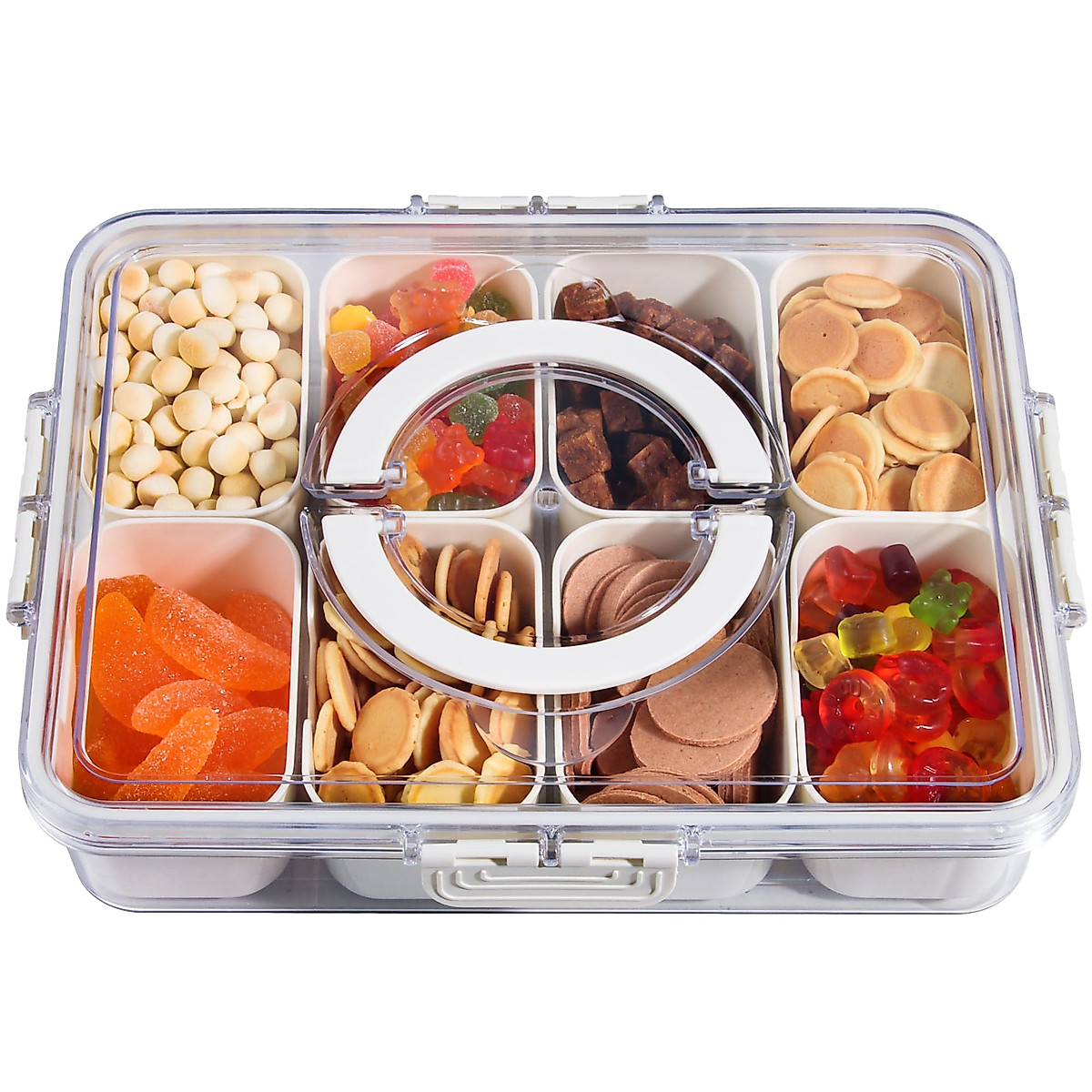 YFUIF Snackle Box Container - 8 Compartments Divided Serving Tray with Lid and Handle, BPA-Free Snack Box Organizer for Fruits, Candy, Snacks (1, White Small 8 Compartments)