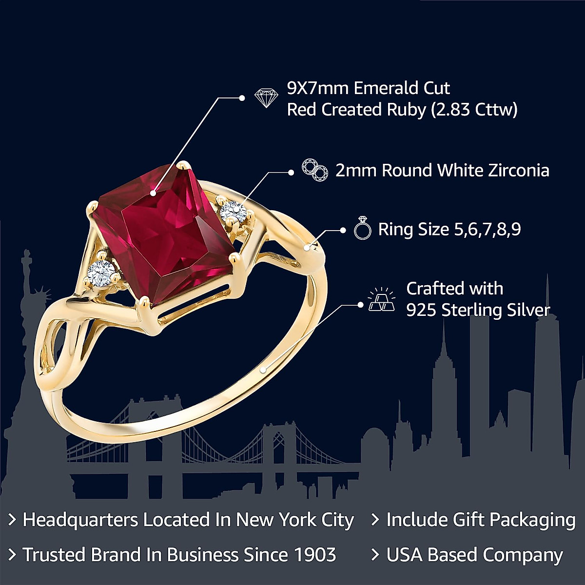 Gem Stone King 18K Yellow Gold Plated Silver Red Created Ruby Ring For Women (2.83 Cttw, Emerald Cut 9X7MM, Gemstone Birthstone, Available In Size 5, 6, 7, 8, 9)