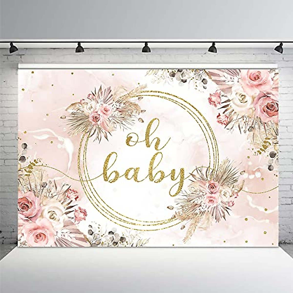 MEHOFOND 7x5ft Oh Baby Backdrop for Girls Baby Shower Boho Pampas Blush Pink Floral Background Newborn Portrait Gold Glitter Sequins Dots Leaves Decorations Newborn Studio Photo Props