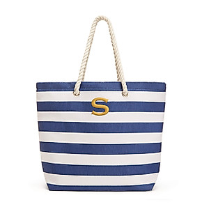 WEDDINGSTAR Personalized Extra-Large Cabana Stripe Canvas Fabric Tote Bag - Navy