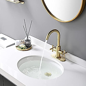 Phiestina Brushed Gold 2-Handle 4 Inch Centerset Bathroom Faucet with Drain,Deck Plate and Supply Hoses, Fit for 1 or 3 Hole, SGF002-10-BG